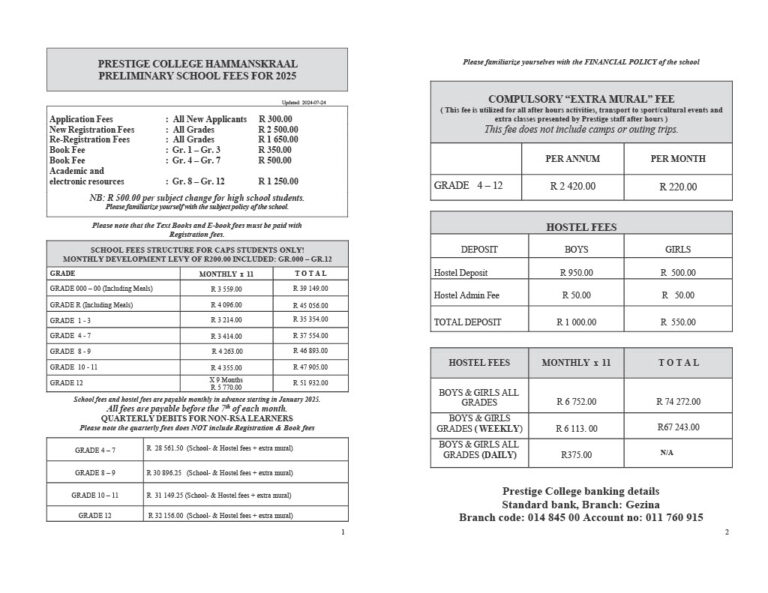 2025 Fee Structure – Prestige College